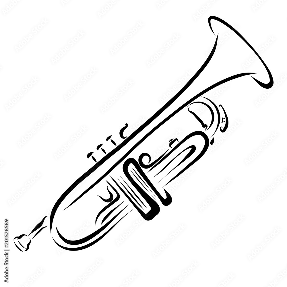 Trumpet, musical instrument, sketch, black lines Stock Illustration ...