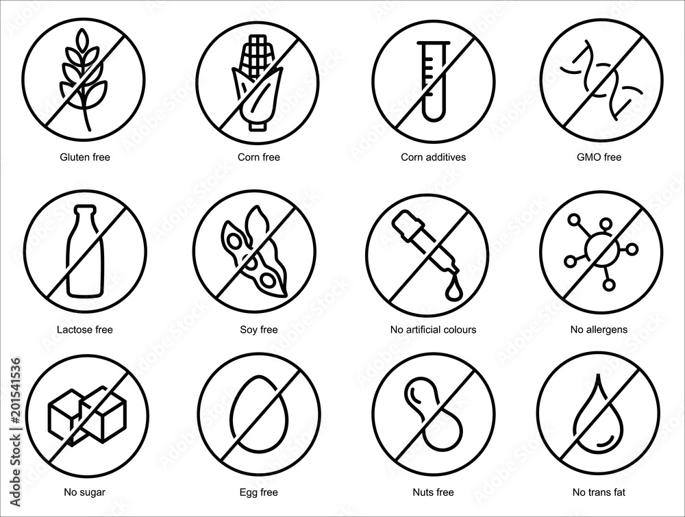 Set ingredient warning label icons. Common allergens gluten, lactose ...