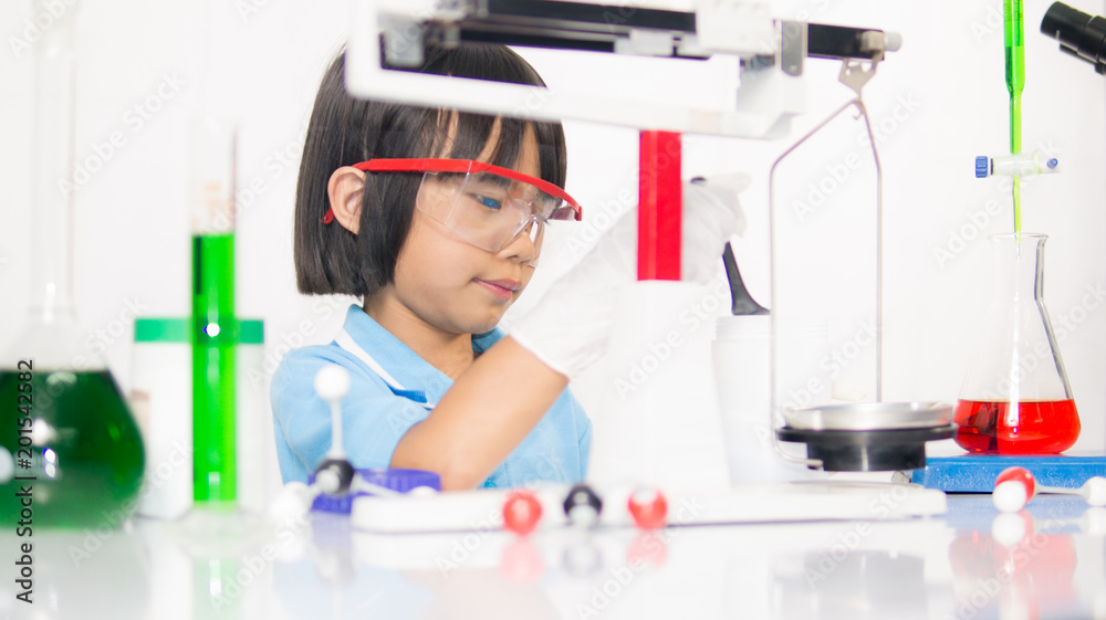 Soft Asian cute child learning science in laboratory on gray whit ...