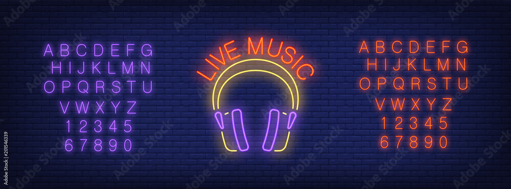 Vector of neon alphabet and headphones with Live Music lettering on ...
