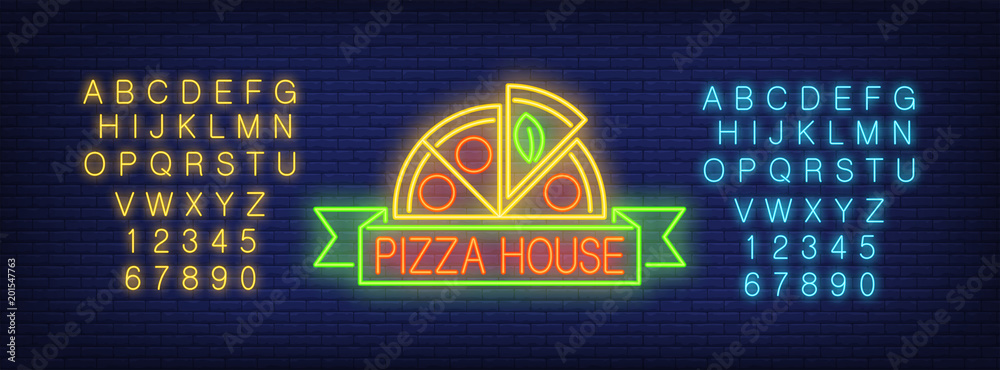 Neon alphabet and pizza with Pizza House lettering over brick ...