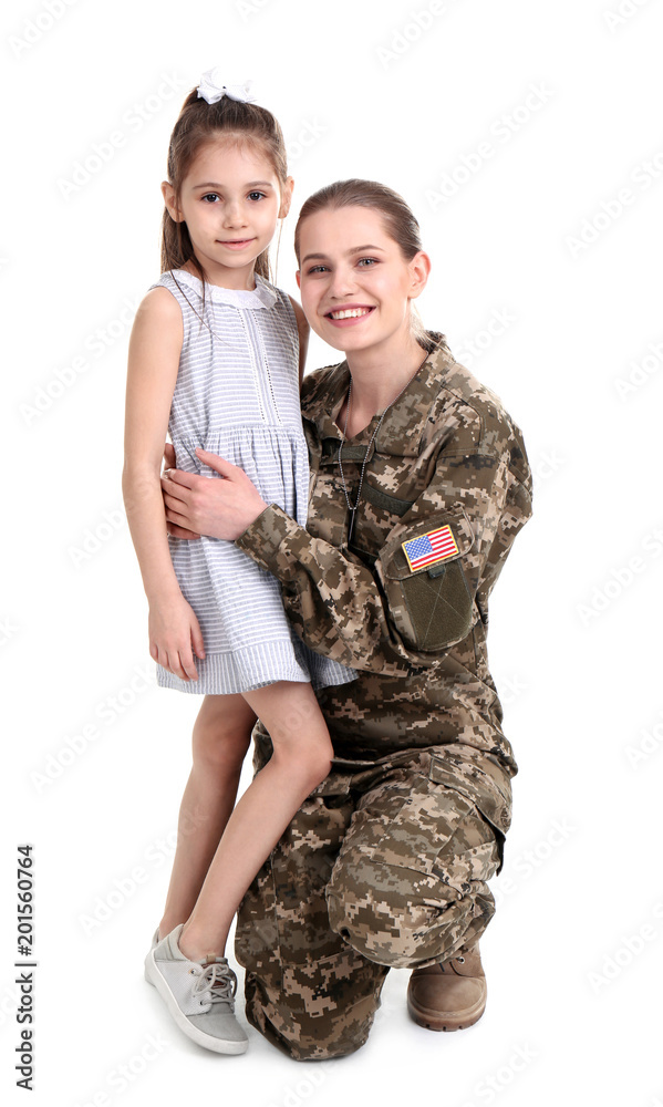 Female soldier with her daughter on white background. Military service ...