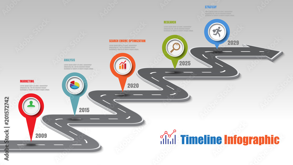 Business road map timeline infographic template with pointers designed ...