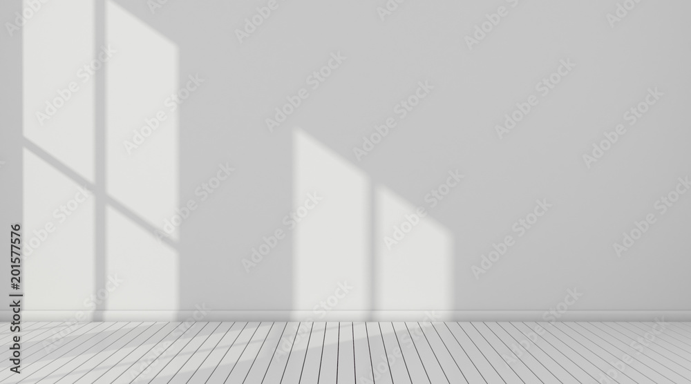 3D stimulate of white room interior and wood plank floor with sun light ...
