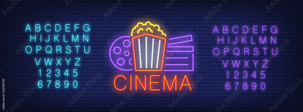 Neon alphabet and Cinema lettering with popcorn, clapper and reel ...