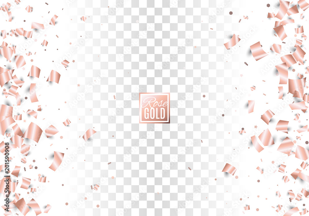 Rose gold foil paper confetti scattered on checkered transparent ...