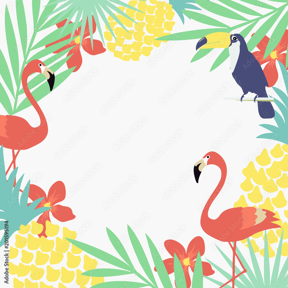 Tropical jungle leaves background with flamingo, toucan and pineapple ...