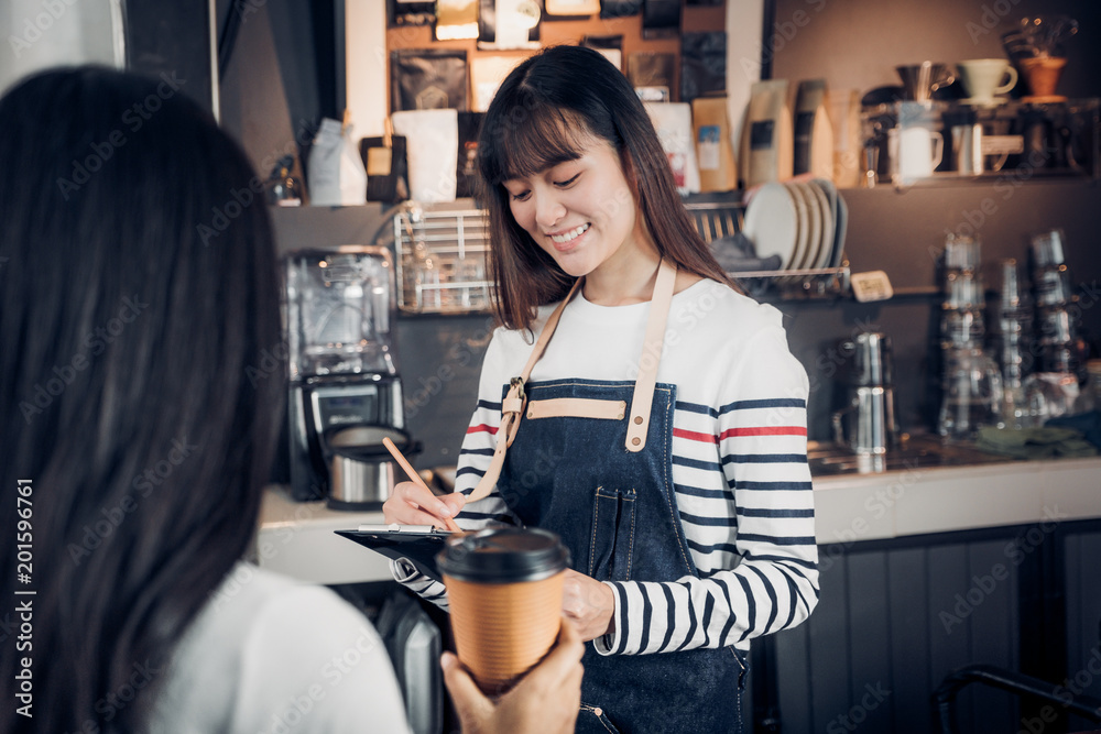 Asia Barista waiter take order from customer in coffee shop,cafe owner ...