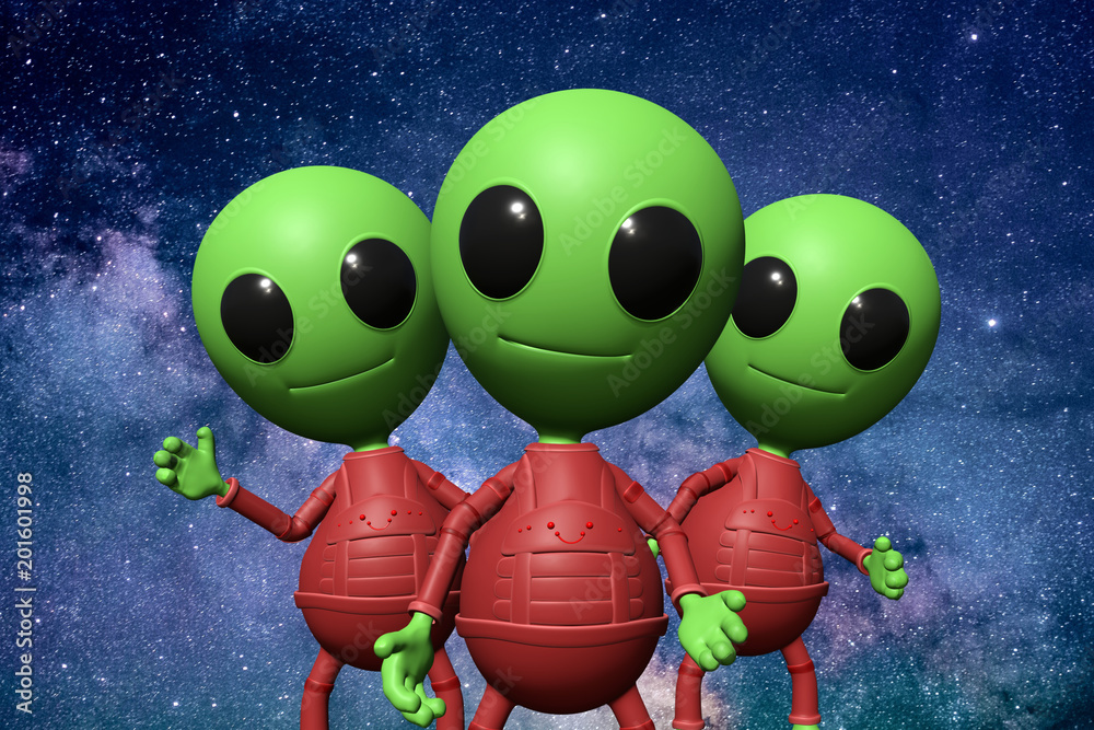 three cute little alien cartoon characters in front of the stars of the ...