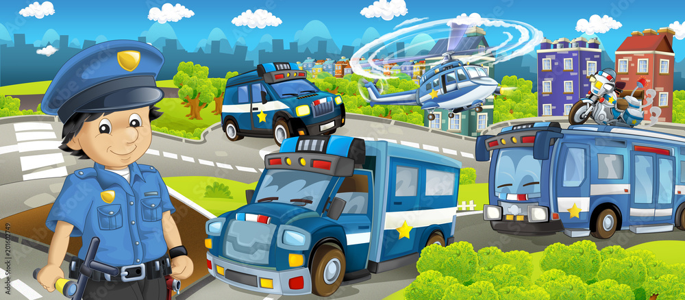 Cartoon stage with different machines for police duty and policeman ...