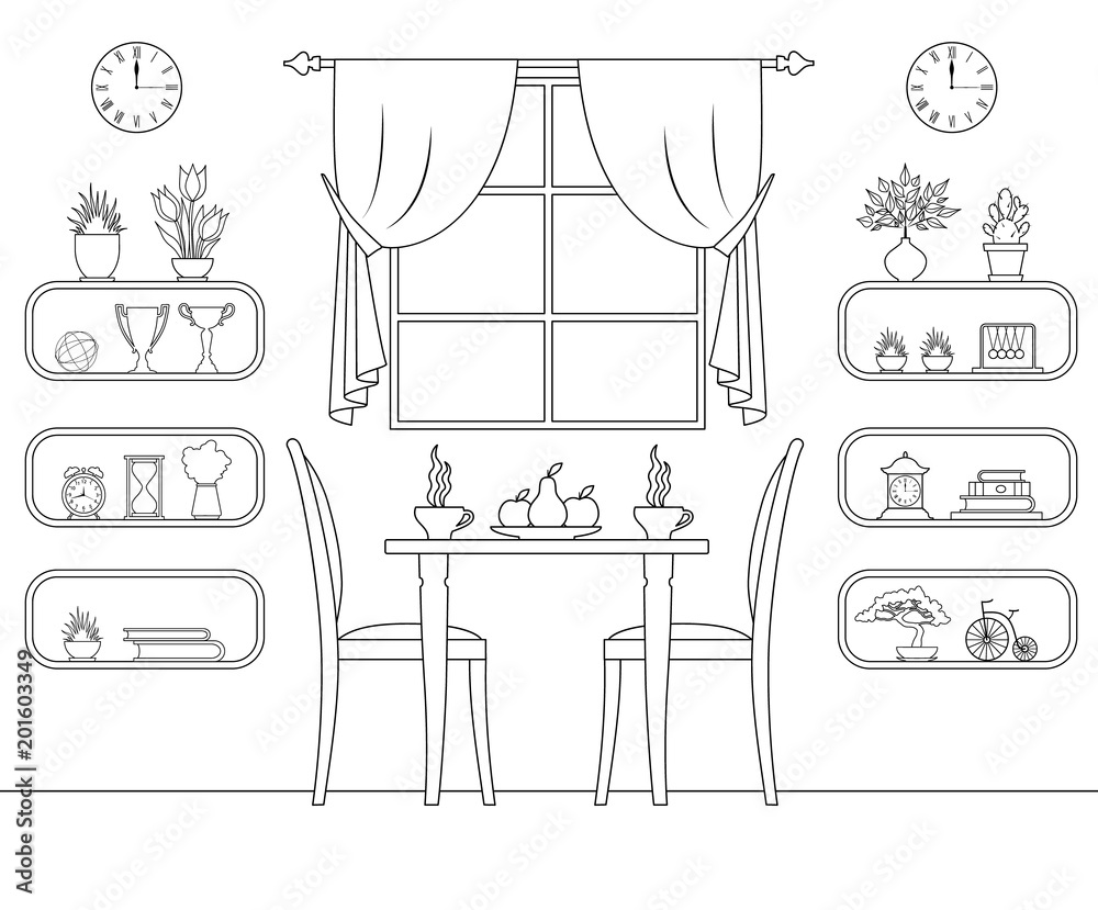 Vector linear interior cafe. Outline dining room. Design of a room with ...