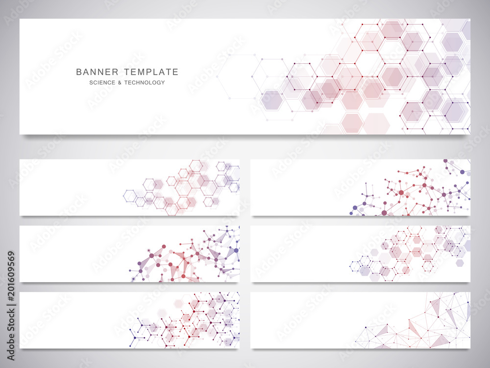 Big set of science and technology banners. Molecular and chemical ...