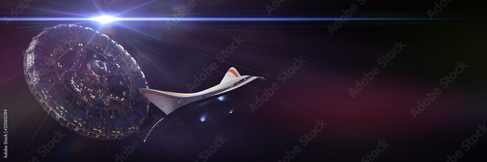 spaceship departure from space station, traffic in empty outer space ...