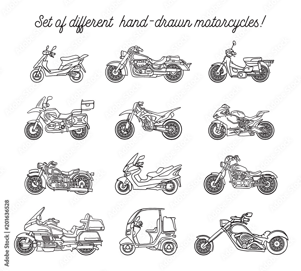 Set of different hand-drawn motorcycles in doodle style. Vector ...