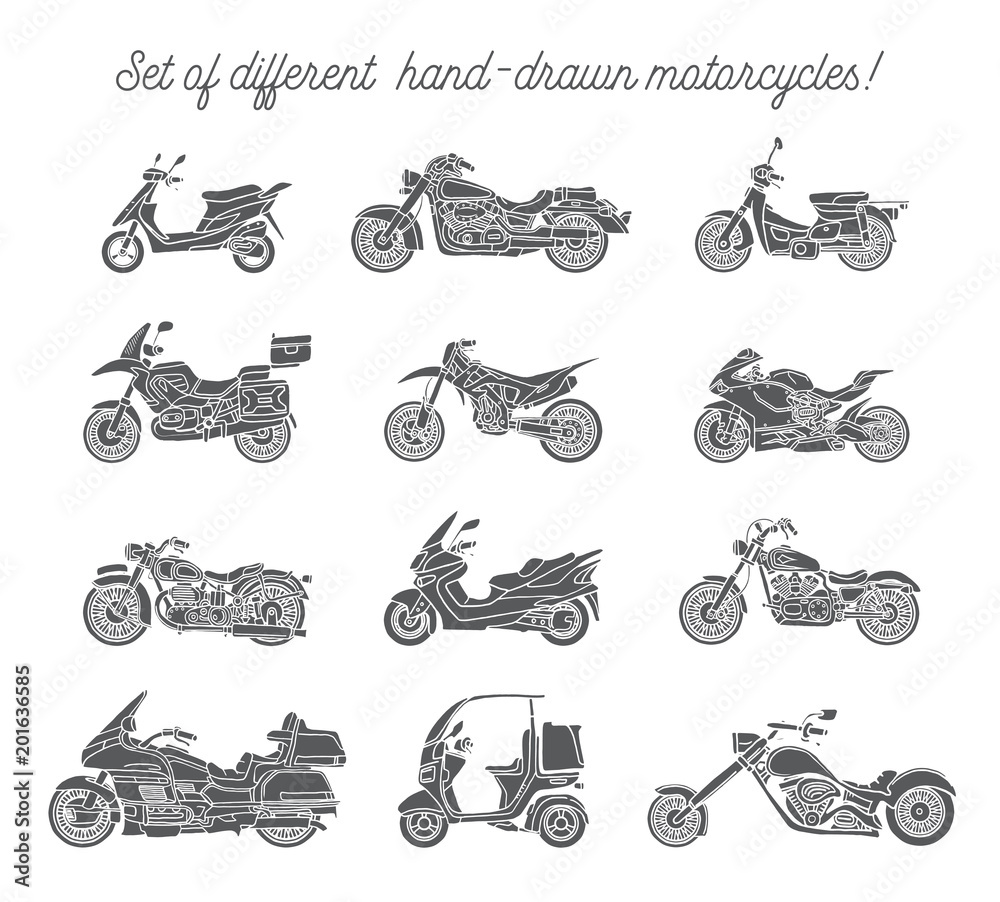 Set of different hand-drawn motorcycles in doodle style. Vector ...