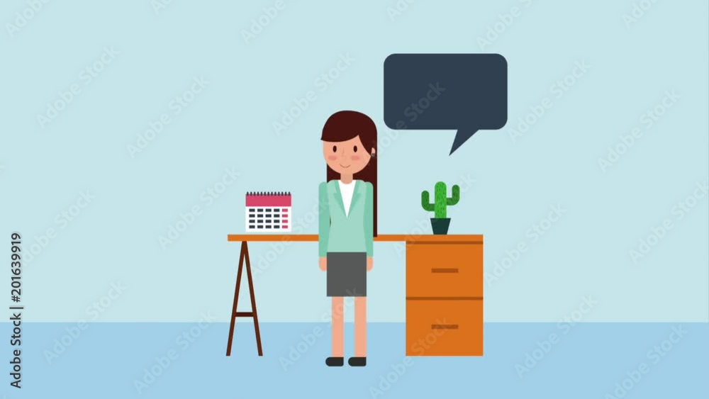 cartoon woman workspace office desk drawers cactus and calendar speech ...