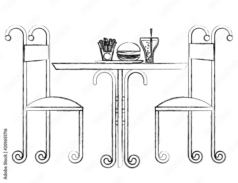 vintage restaurant table fast food and chairs vector illustration ...