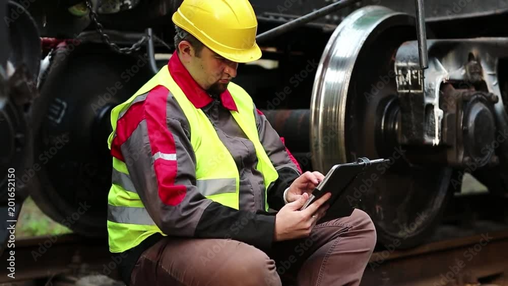 Railway worker with personal computer. Railwayman with tablet pc sits ...