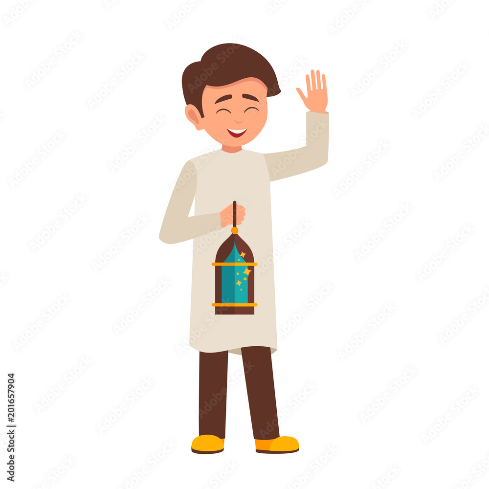 Cartoon Moslem boy celebrating Ramadan with a beautiful burning lamp in ...