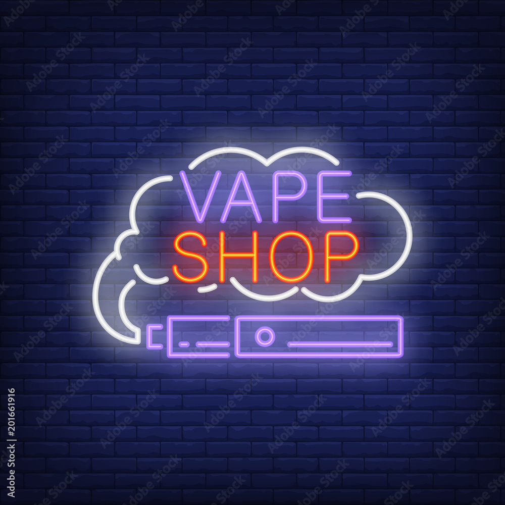 Vape shop neon sign. E-cigarette with smoke cloud. Night bright ...