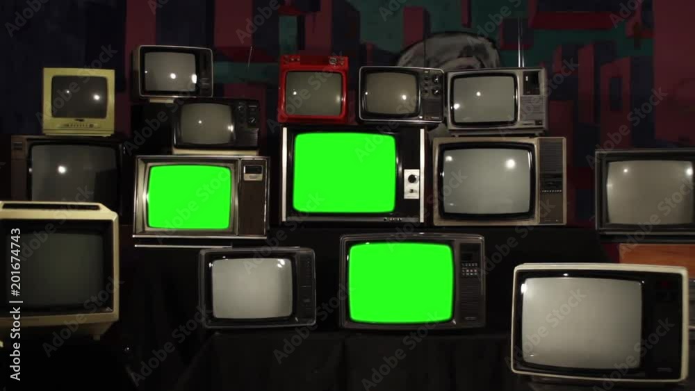 80s TVs with Green Screens Turning On. Zoom In. You can replace green ...