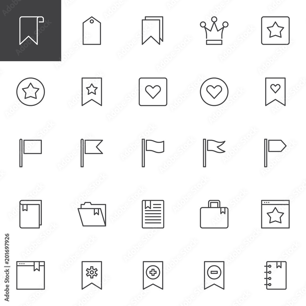 Bookmarks and tags outline icons set. linear style symbols collection ...
