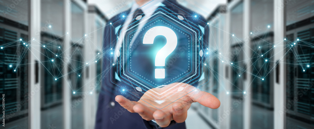 Businessman using question marks digital interface 3D rendering Stock ...