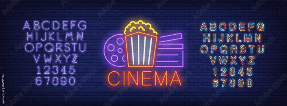 Cinema and alphabet neon sign set. Popcorn box, film reel, clapper ...