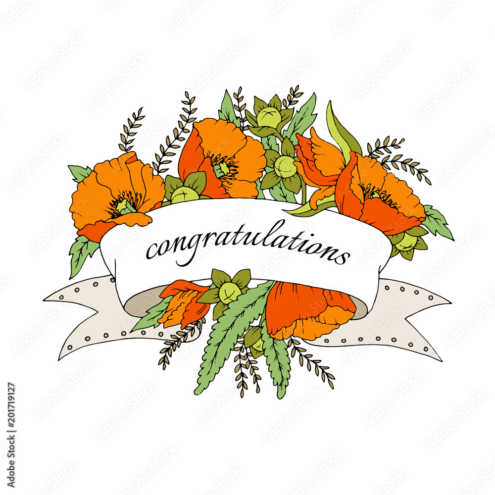 ribbon with the inscription "congratulations" with flowers - poppies ...