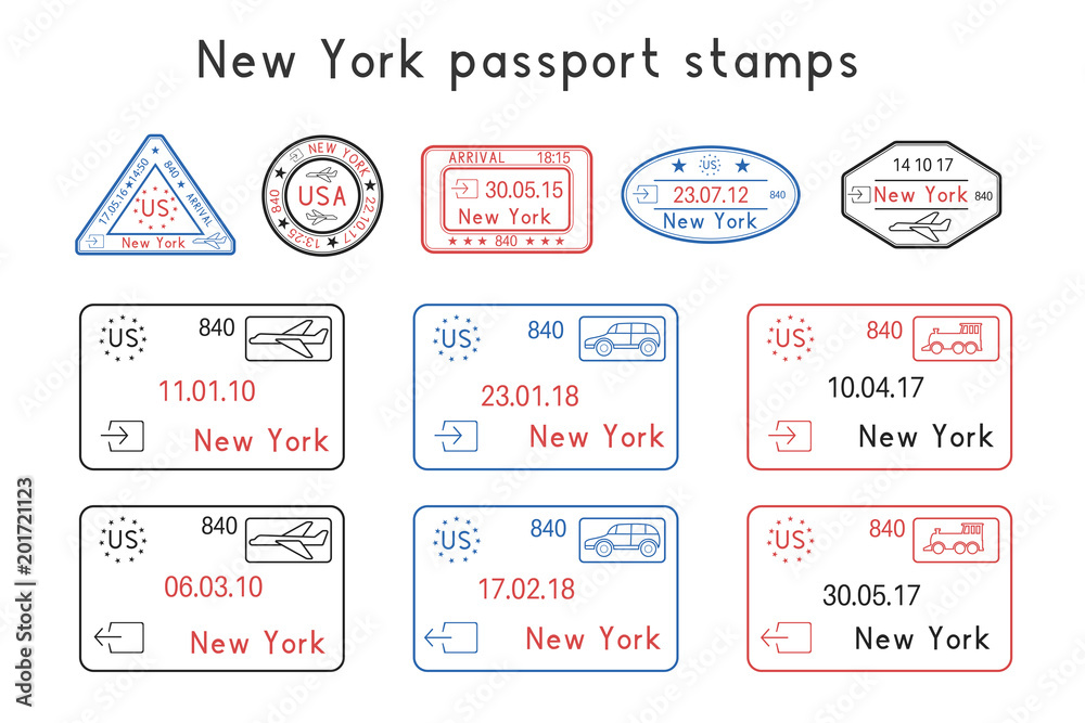Passport stamps. New York, USA. Arrival and departure by car, train ...
