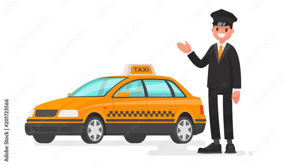 Taxi driver man with a car. Cab. Vector illustration Stock Vector ...