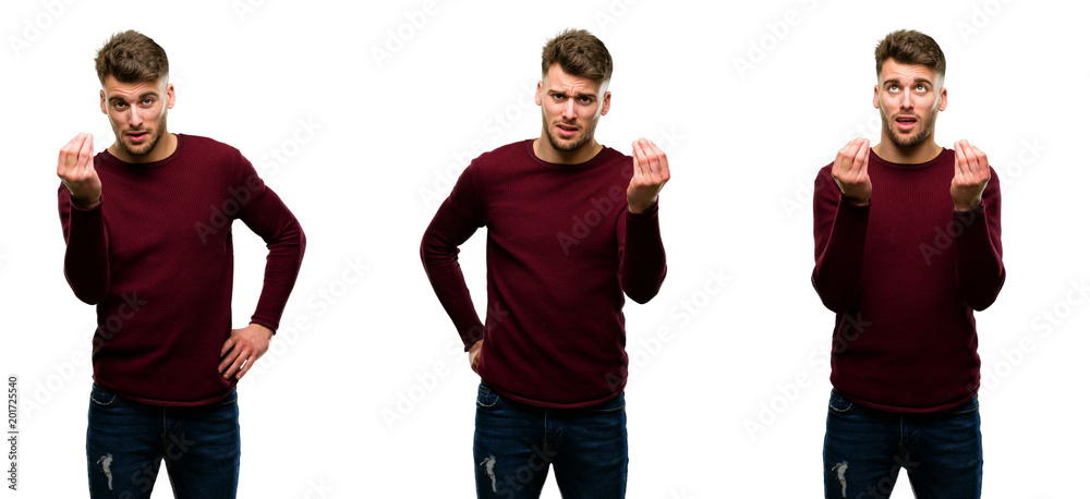 Handsome blond man angry gesturing typical italian gesture with hand ...
