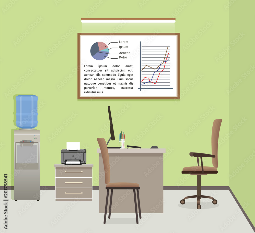 Office workspace organization. Business interior design with furniture ...