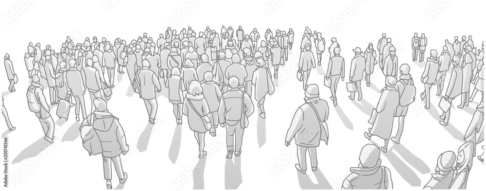 Illustration of large city crowd walking in perspective in black and ...