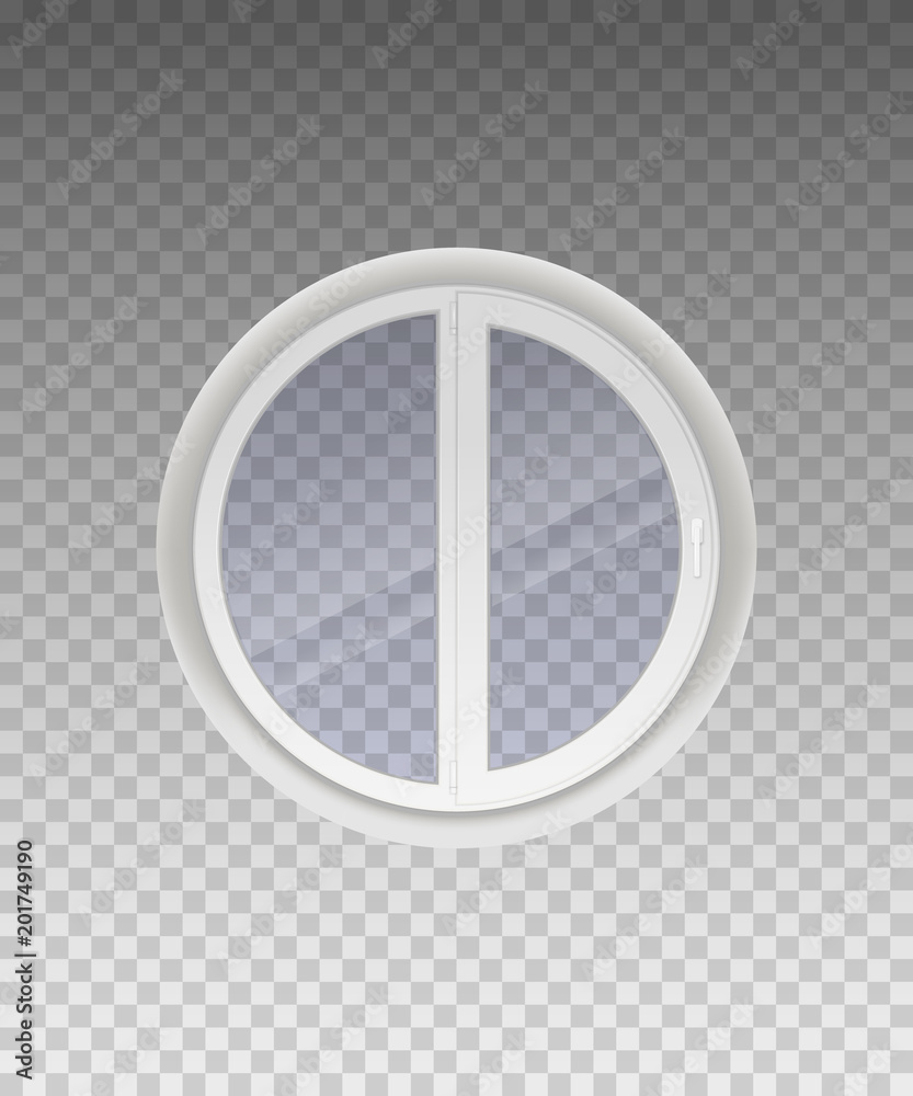 Closed round window with transparent glass in a white frame. Isolated ...