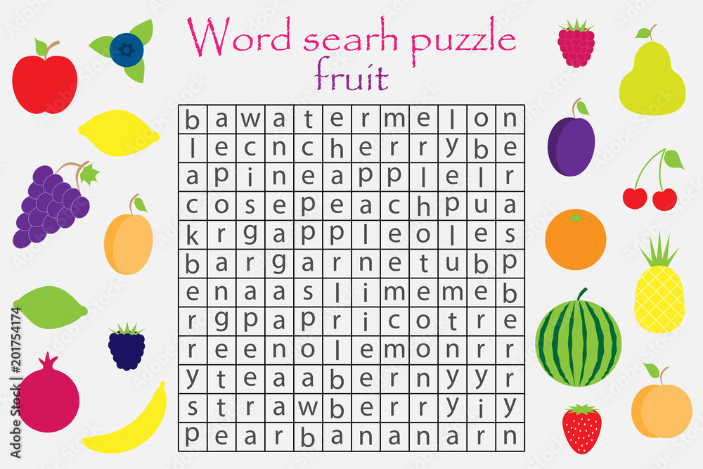 Word search puzzle for children, fruit theme, fun education game for ...