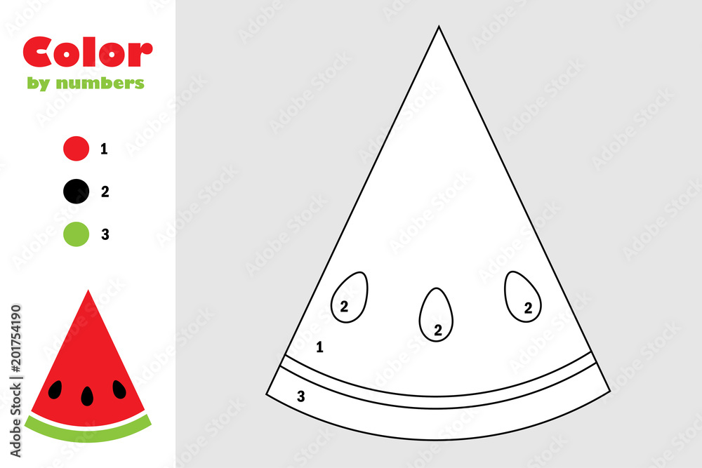Watermelon in cartoon style, color by number, education paper game for ...