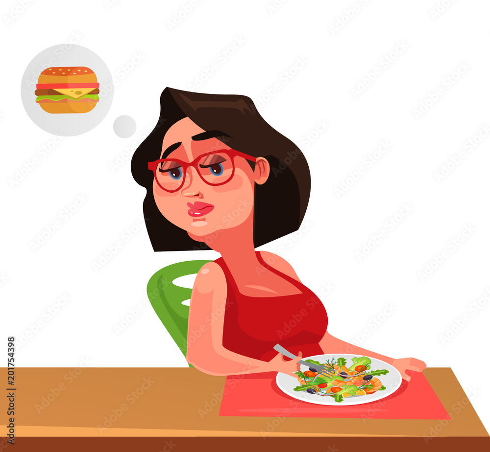 Fat sad unhappy woman character eating healthy food sea fish shrimps ...
