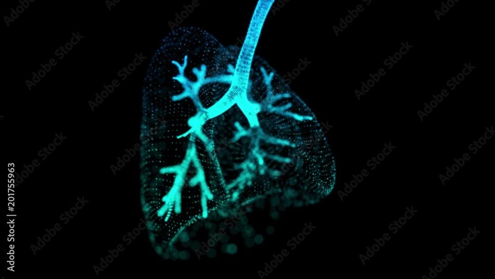 Rotating 360 degree hologram of human lungs. Glowing blue light ...