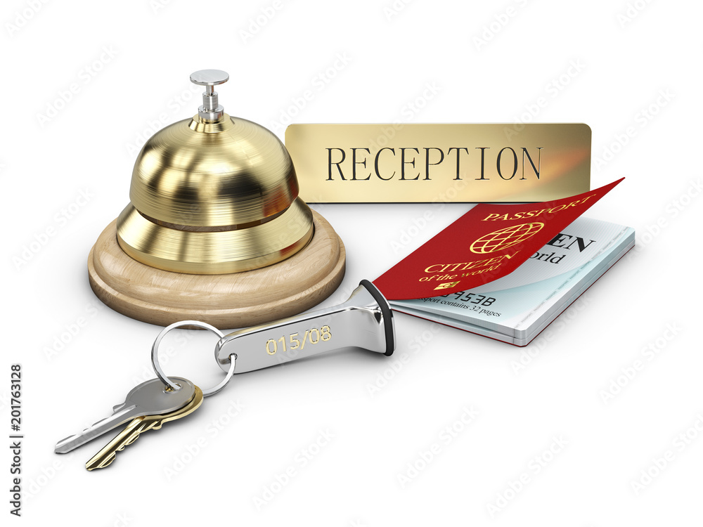 Hotel key with pass and reception bell on reception desk, 3d ...