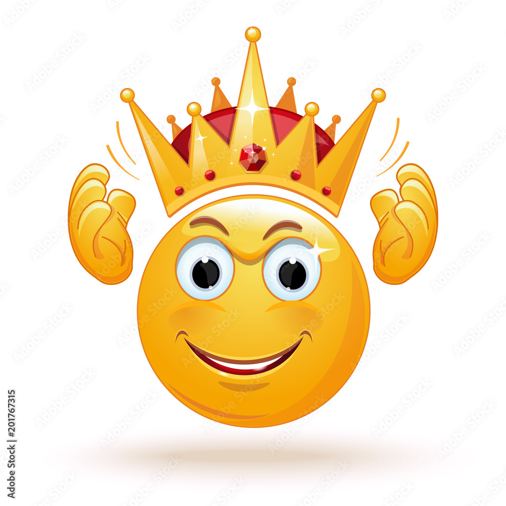 King emoticon wears a crown. Smiley king. Positive smiling ball in the ...