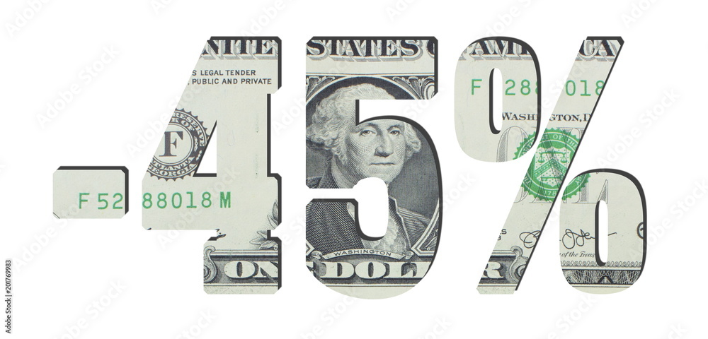 -45%. American dollar banknotes. Money texture. Isolated on white ...