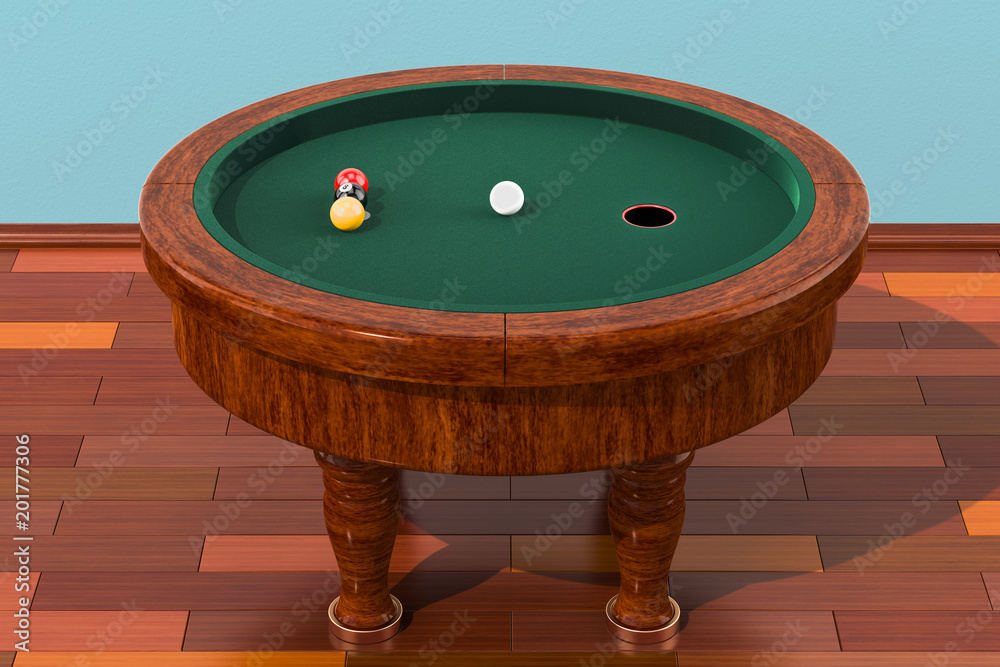 Elliptical billiard table with balls in room on the wooden floor, 3D ...