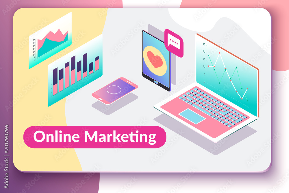 Online marketing concept. Vector illustration with isometric laptop ...