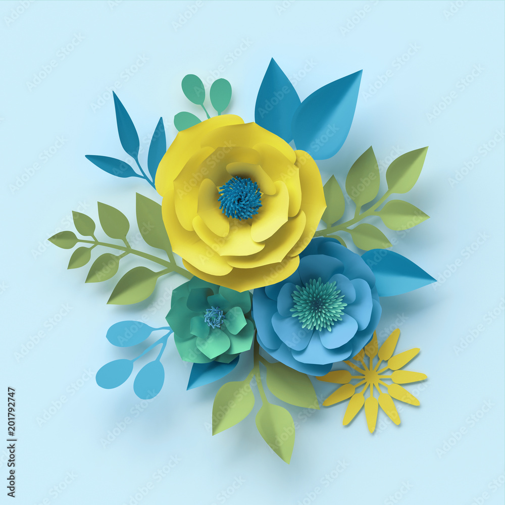 3d render, paper flowers, botanical wallpaper, floral bouquet, mint ...