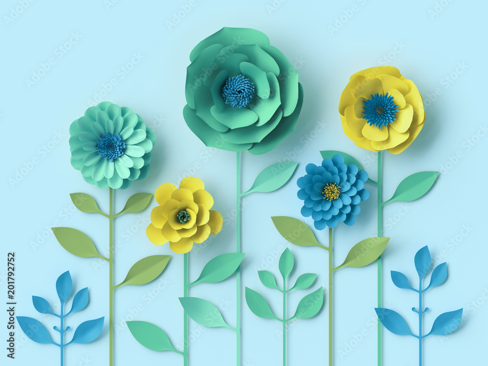 3d render, mint blue yellow paper flowers, botanical wallpaper, spring ...