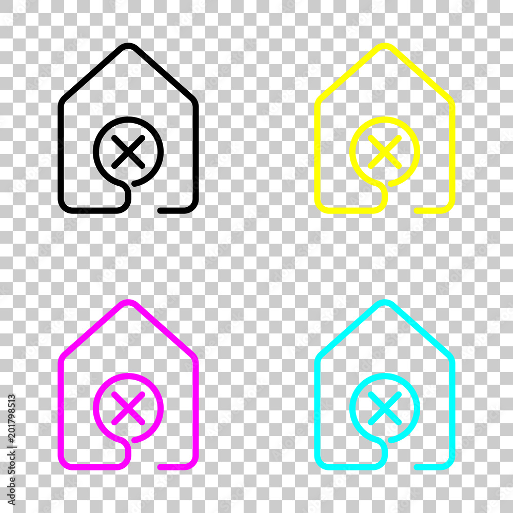 house with wrong mark icon. line style. Colored set of cmyk icons on ...