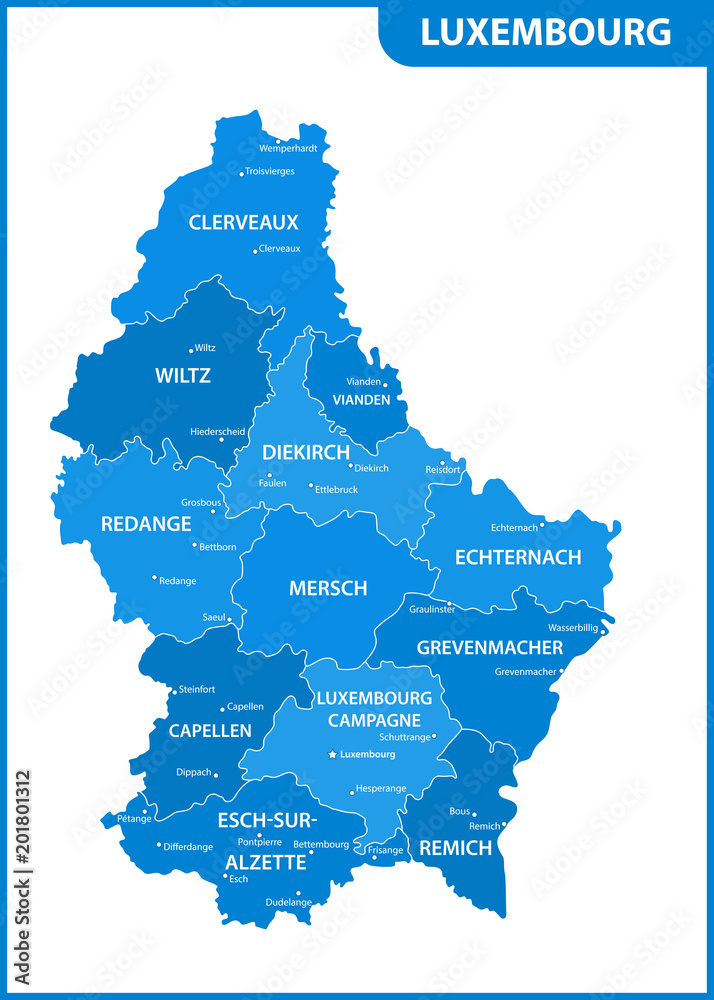 The detailed map of the Luxembourg with regions or states and cities ...