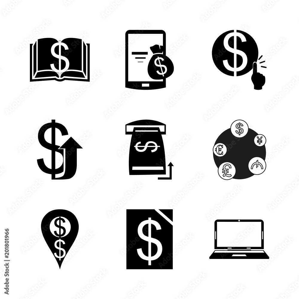 icon Currency with cash, currency symbols, chart, electron payment and ...