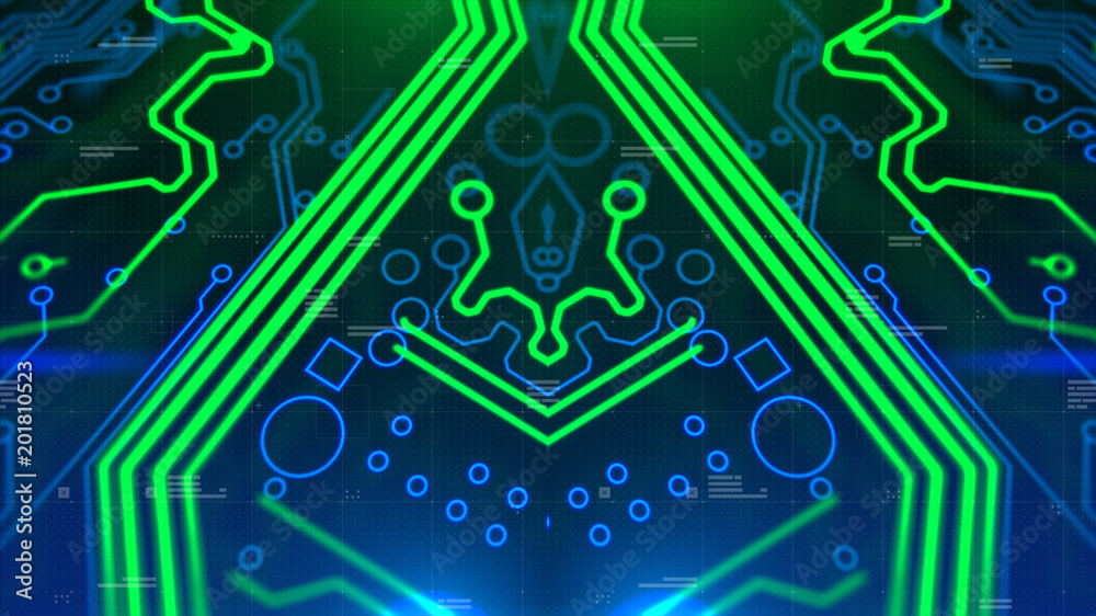 Mirrored pattern. Blue, green, cyan background with digital integrated ...
